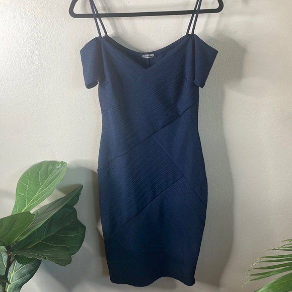 Dresses | Navy Blue Fashion Nova Midi Fitted Cocktail Dress | Poshmark